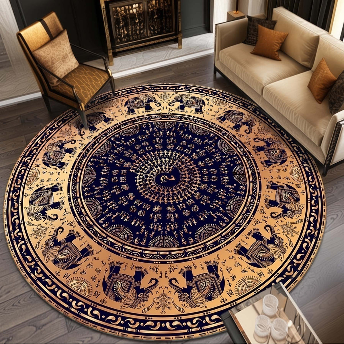 Anti Skid Rugs Non-Slip Round Grand Royal Gold Persian Art Heavy Carpe ...