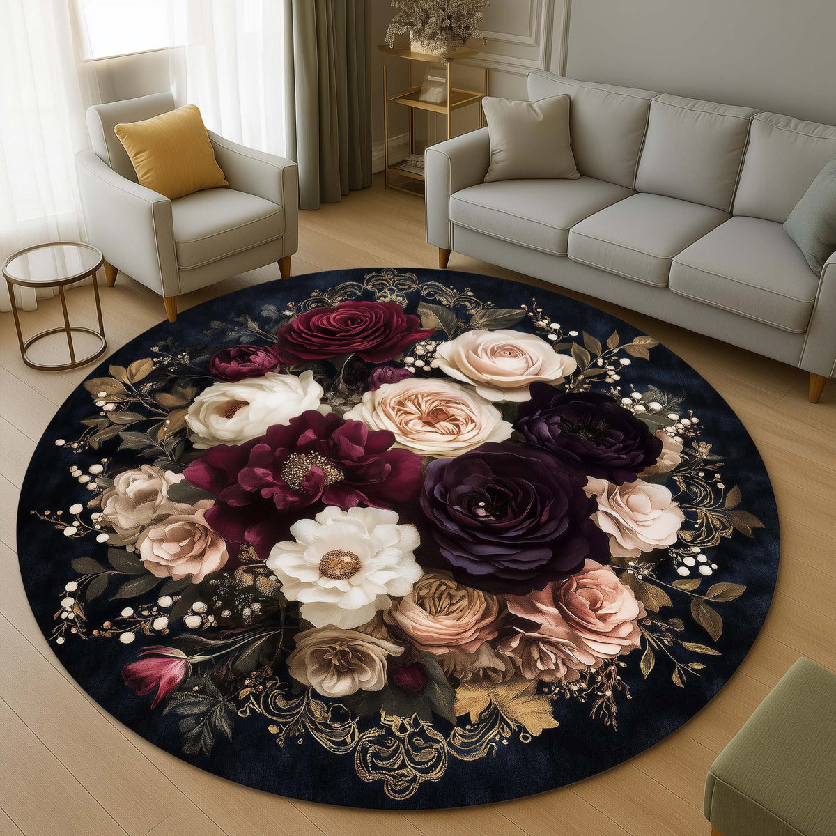 Anti Skid Rugs Non-Slip Vintage Floral Bouquet Round Rug – Elegant Dar ...