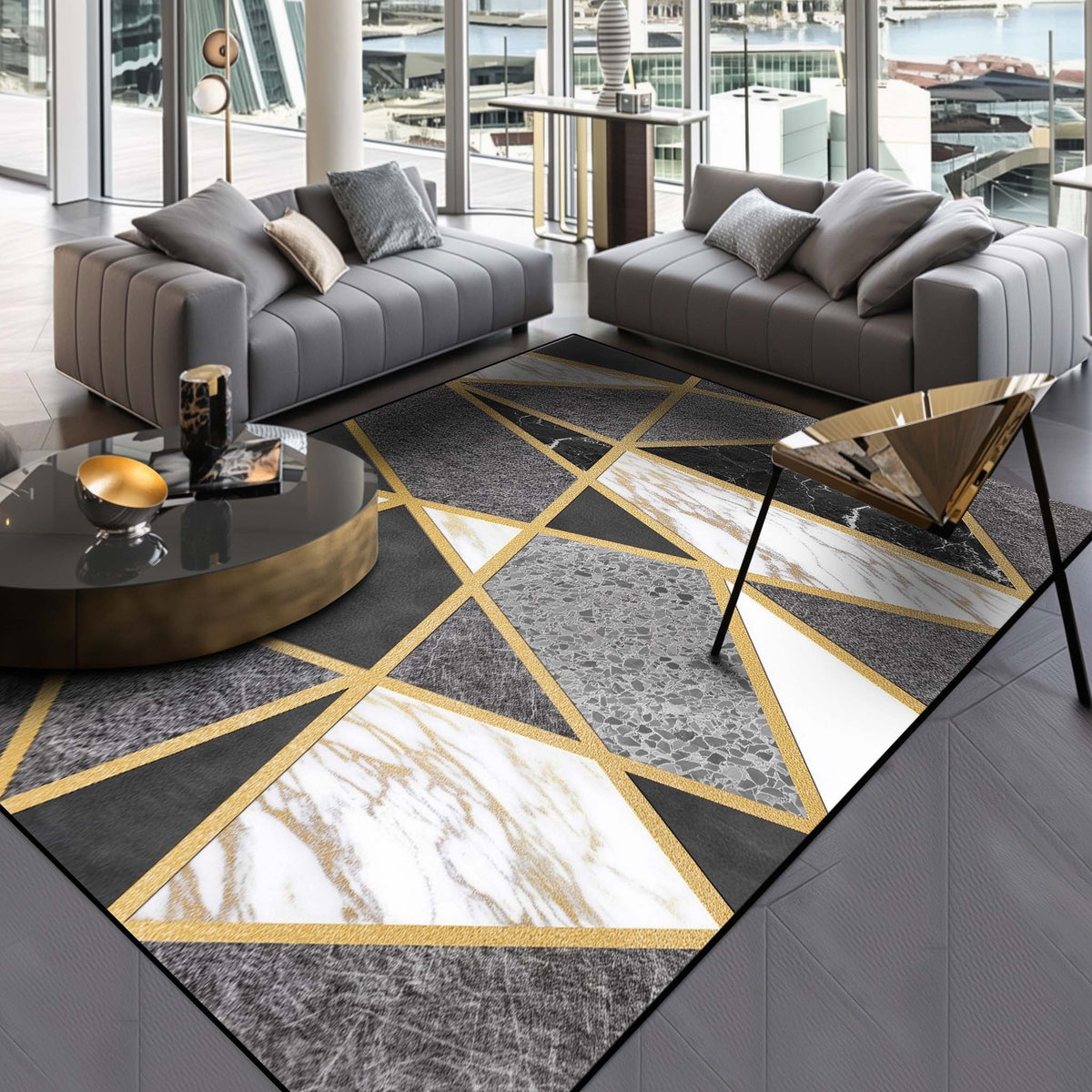 Anti Skid Rugs Heavy Geometric Golden Striped & Marbles Non-Slip Carpe ...