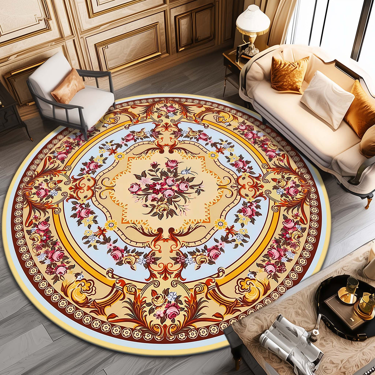 Anti Skid Rugs Non-Slip Round Heavenly Floral Rangoli Pattern Heavy Ca ...